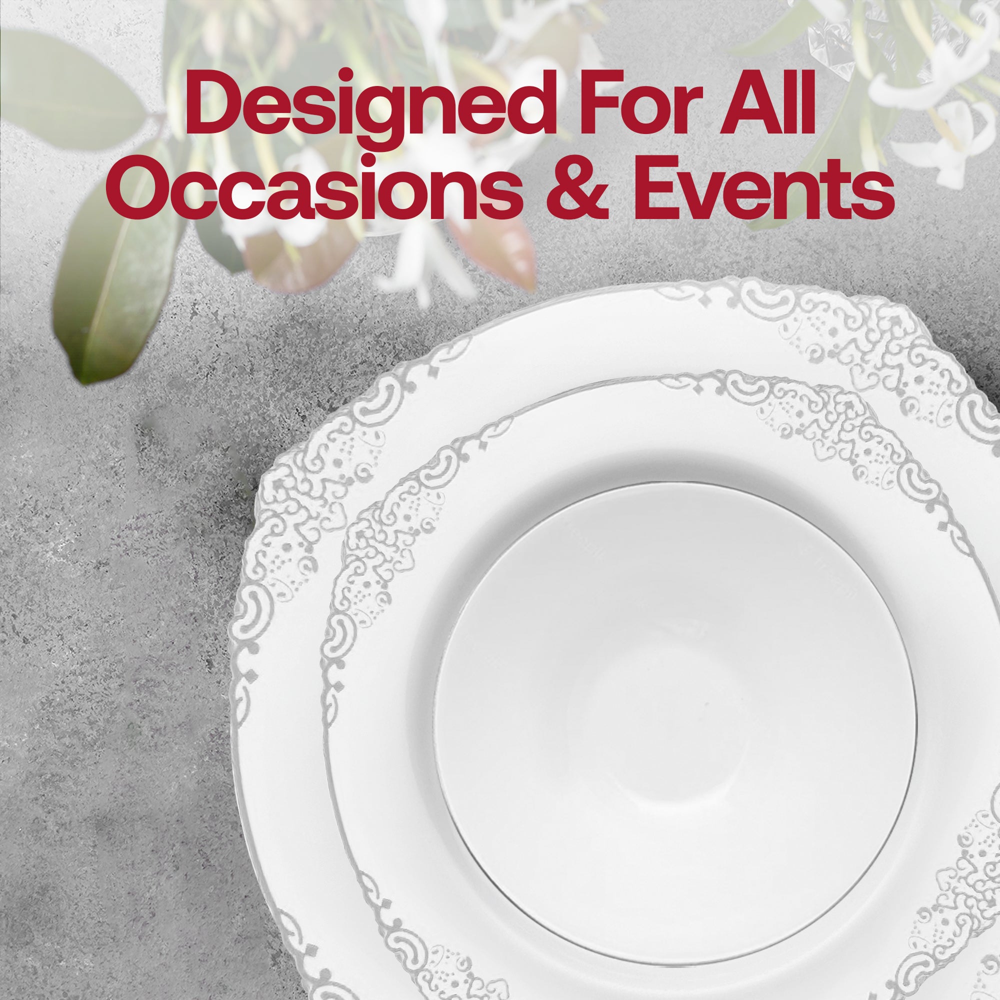 Tableware Set - White Silver Fancy Plastic Dinnerware | Smarty Had A Party