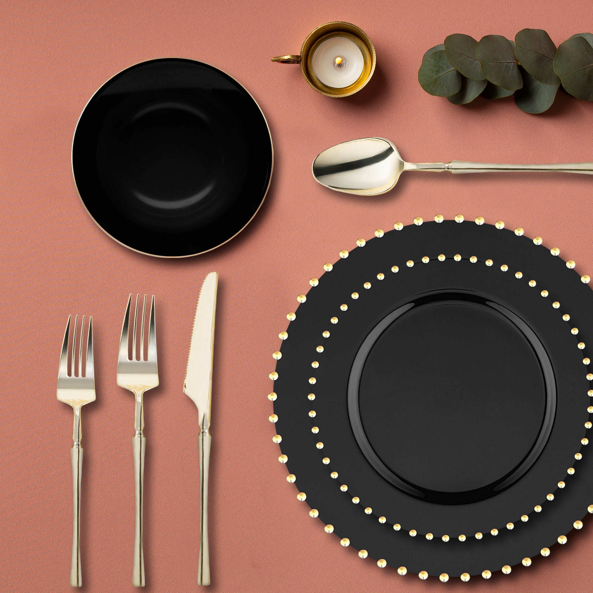 Tableware Set - Black Gold Pearl String Plastic Dinnerware | Smarty Had ...