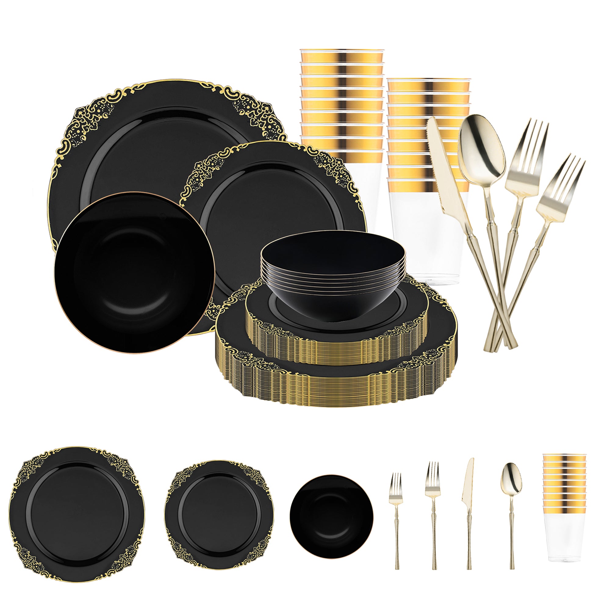Tableware Set - Black Gold Fancy Plastic Dinnerware | Smarty Had A Party