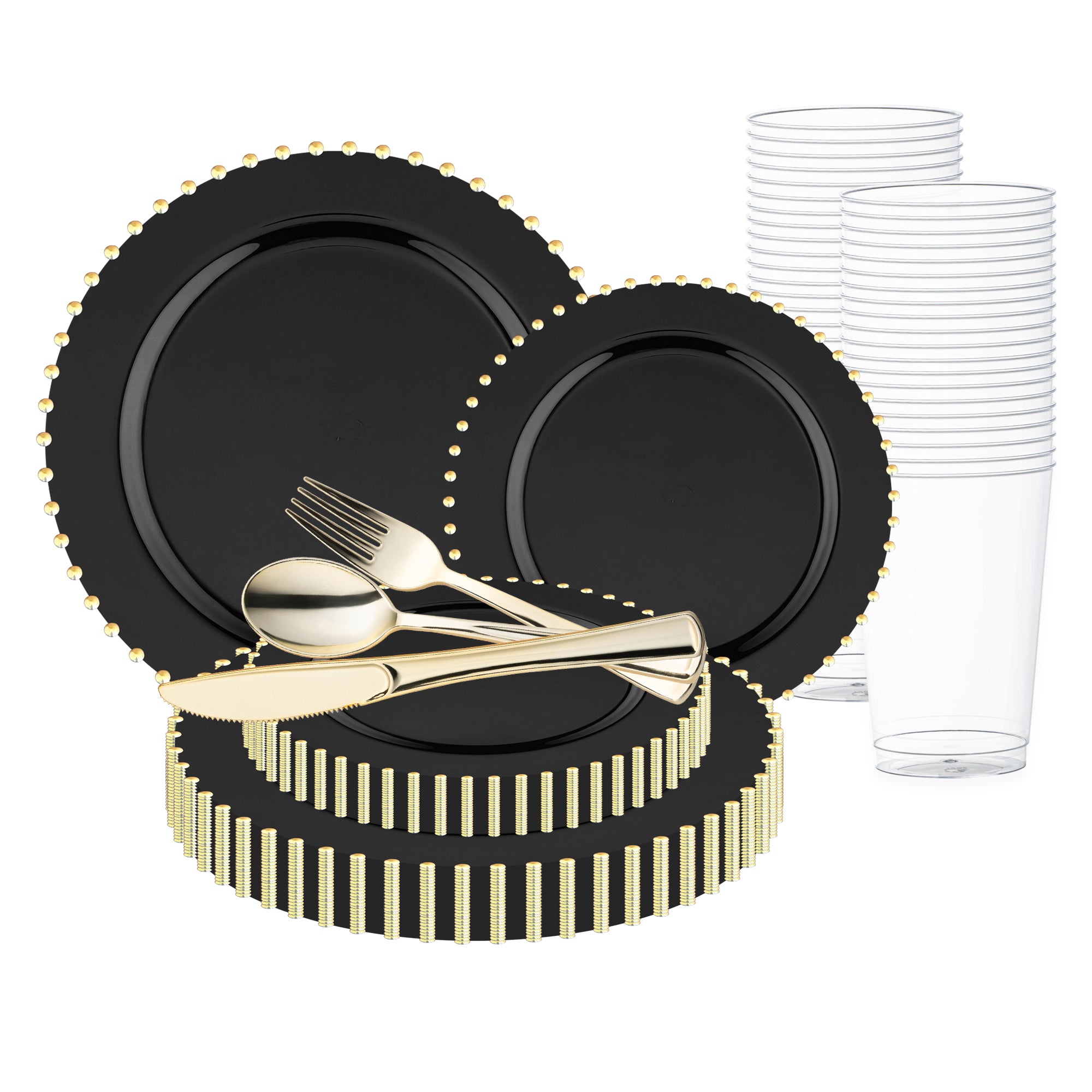 Black & Gold Pearl Wedding Set | Elegant Plastic Plates