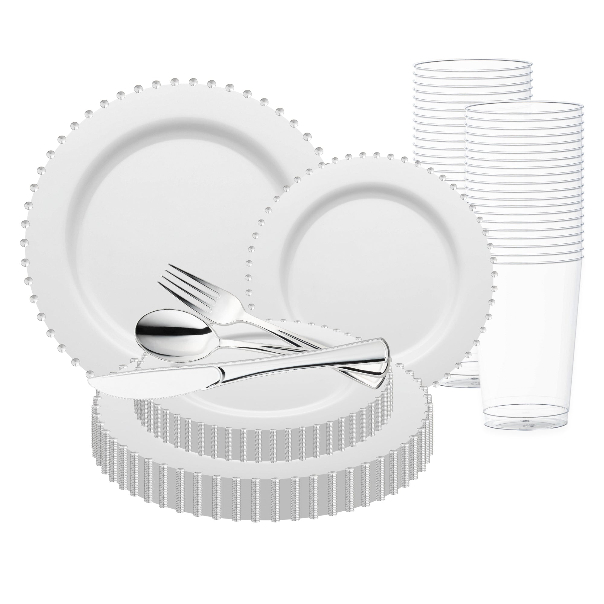 White Silver Pearl Wedding Set | Disposable Plates
