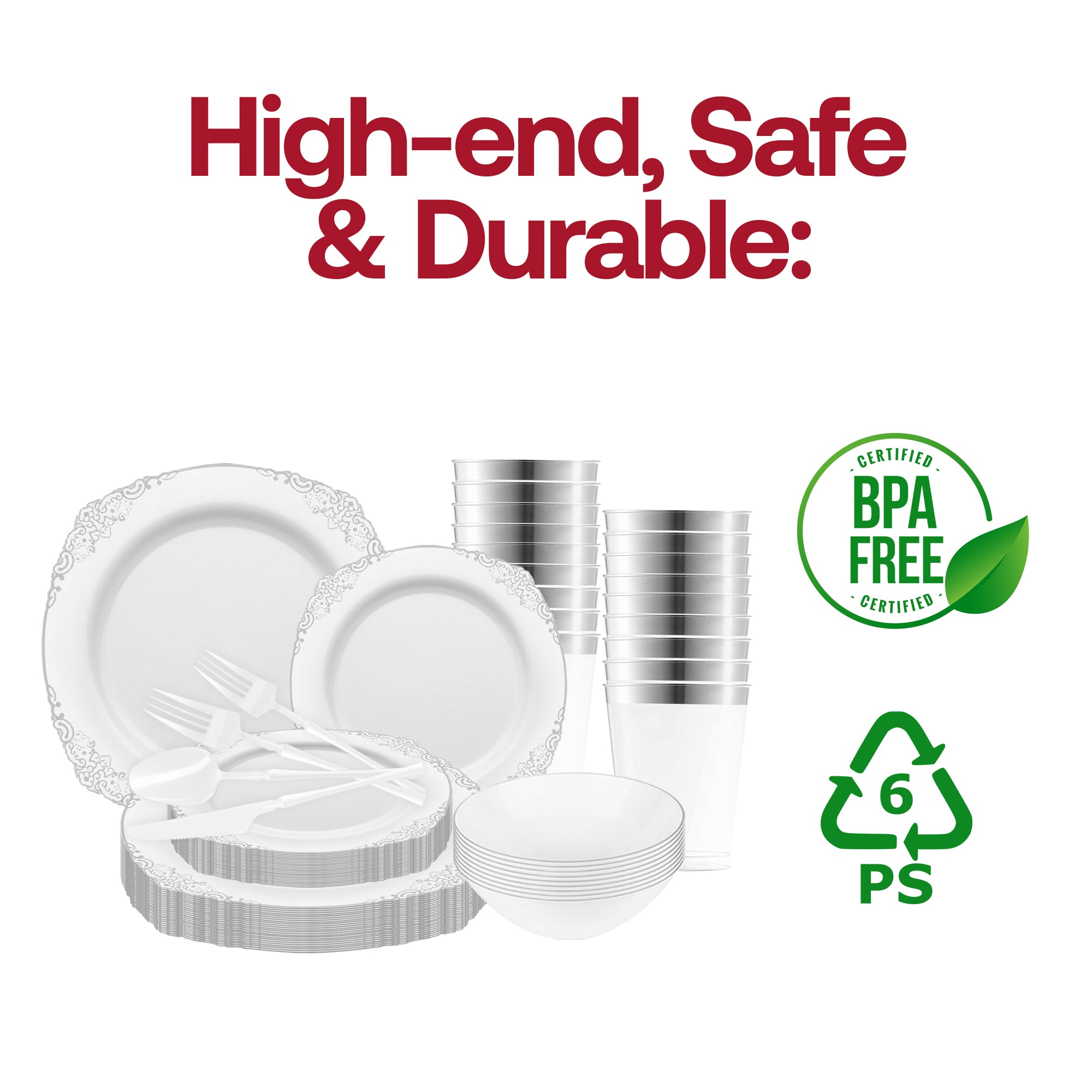 Tableware Set - White Silver Fancy Plastic Dinnerware | Smarty Had A Party