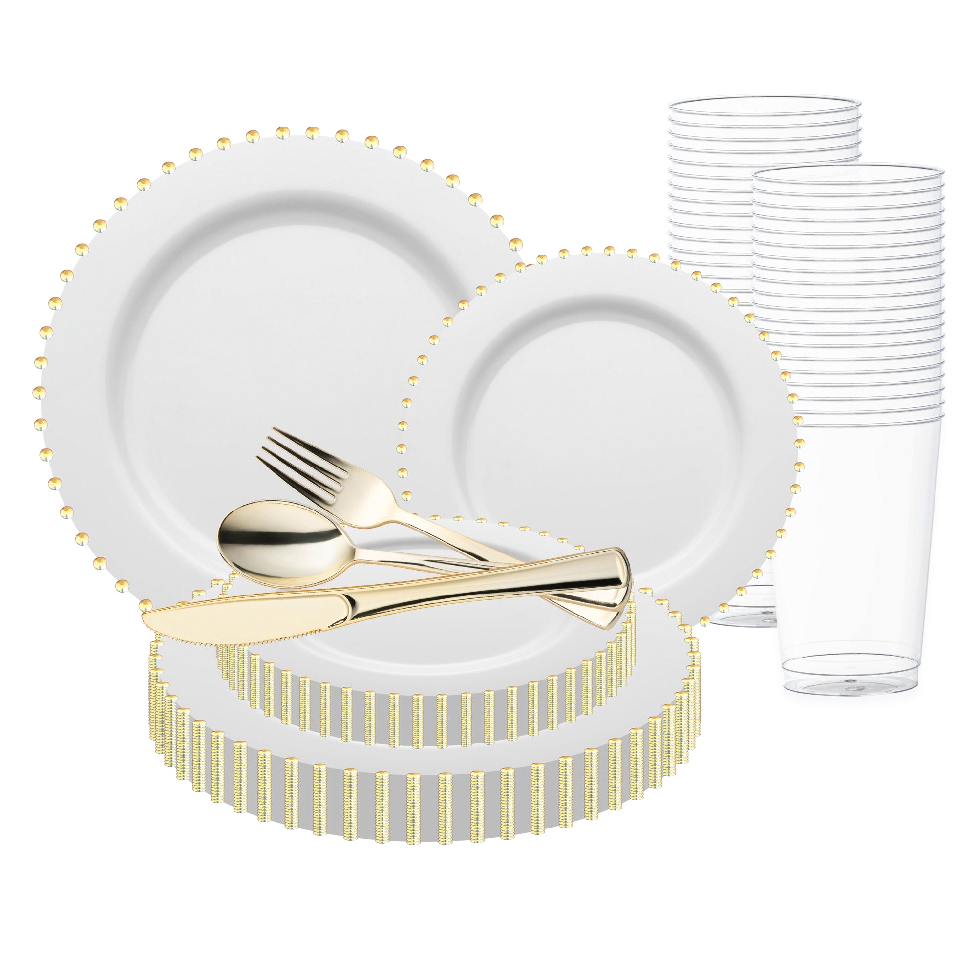White Gold Pearl Wedding Set | Elegant Plastic Plates