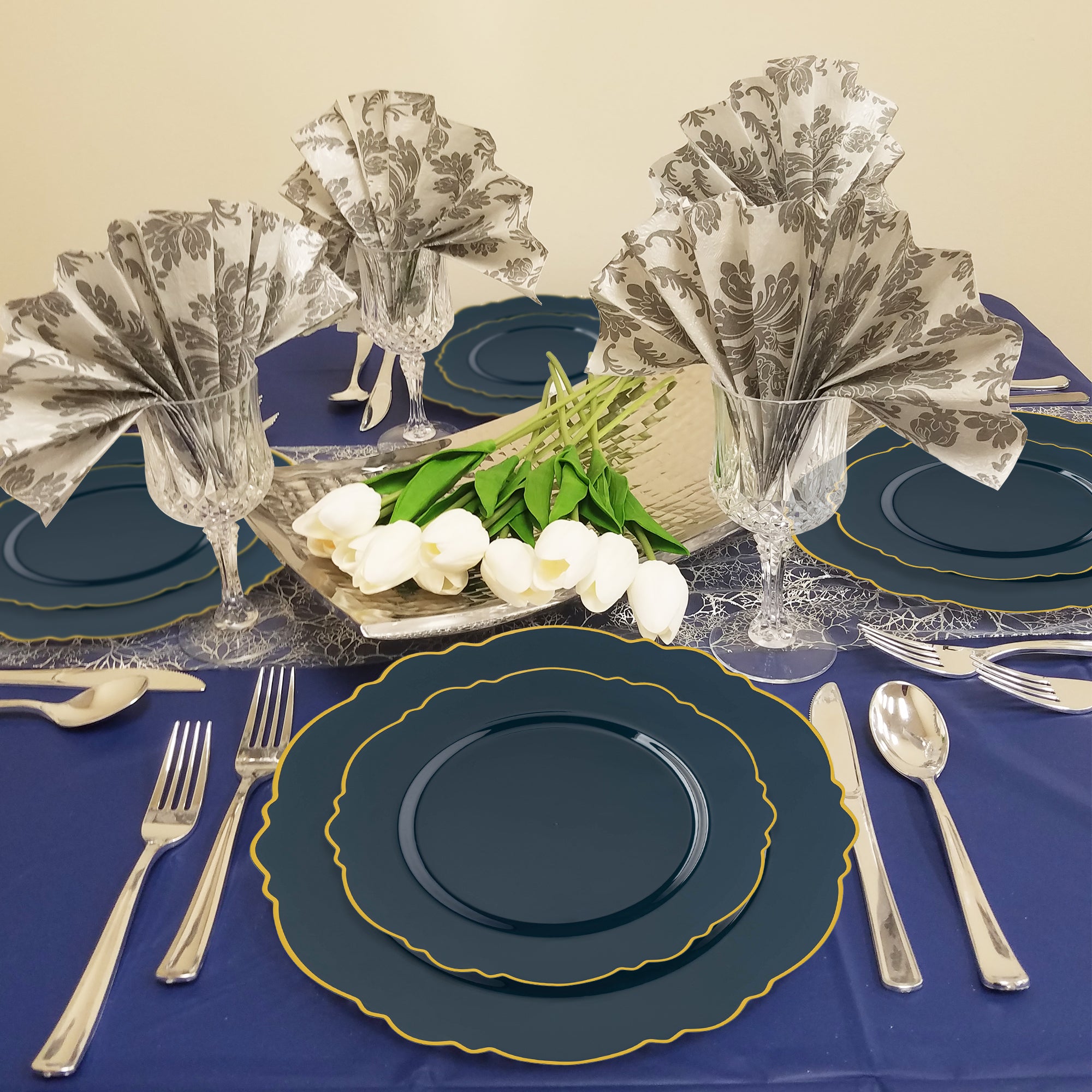 Plastic Plates - Navy Gold Blossom Value Set | Smarty Had A Party