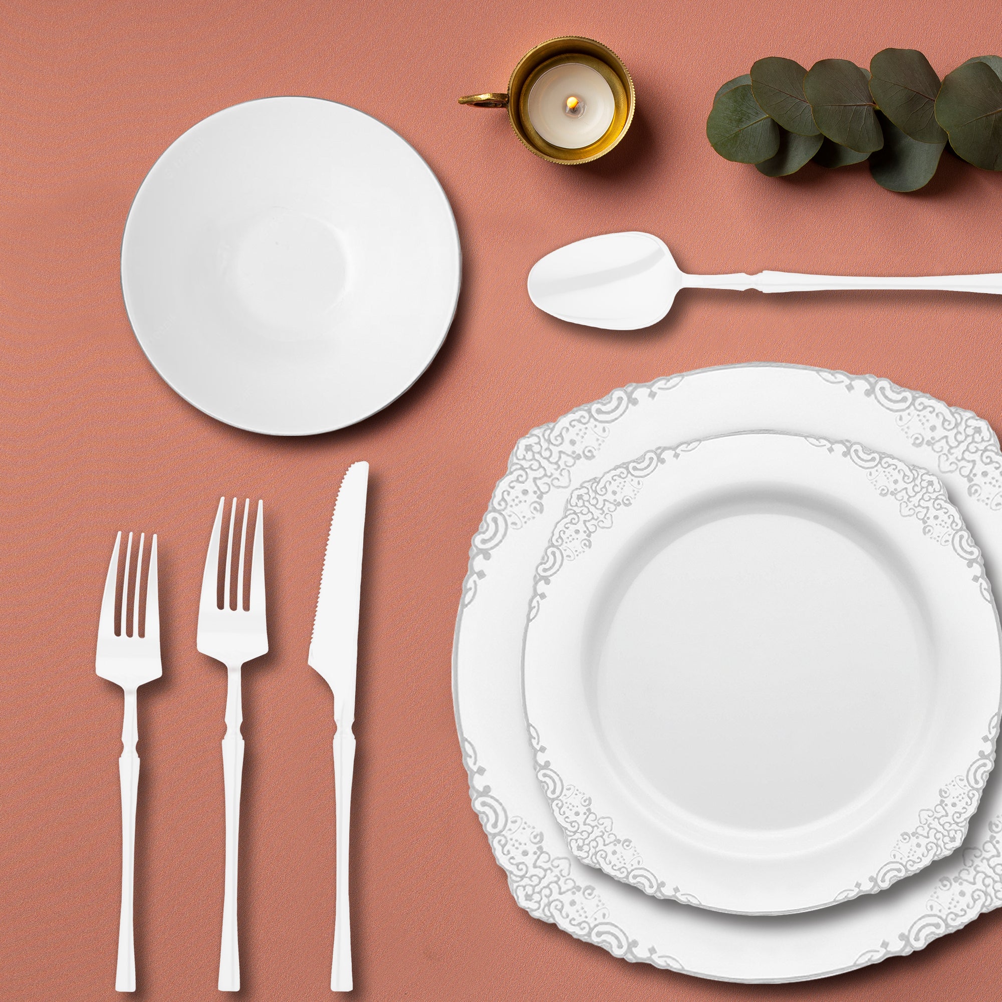 Tableware Set - White Silver Fancy Plastic Dinnerware | Smarty Had A Party